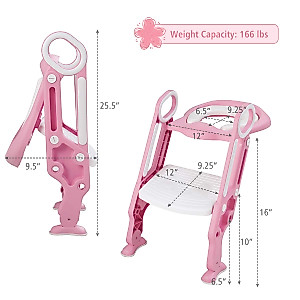 BABY JOY Kids Portable Potty Training Toilet Seat w/Step Stool Ladder, Foldable and Adjustable Toddler Toilet Training Seat Chair for Boys Girls Toddlers, Non-Slip Pads and Soft Cushion Seat (Pink)