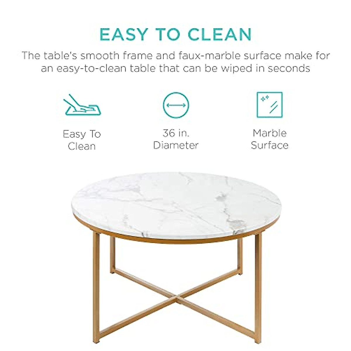 Best Choice Products 36in Faux Marble Accent Table, Modern End Table, Large Coffee Table Home Decor for Living Room, Dining Room, Tea, Coffee w/Metal Frame, Foot Caps, Designer - White/Gold