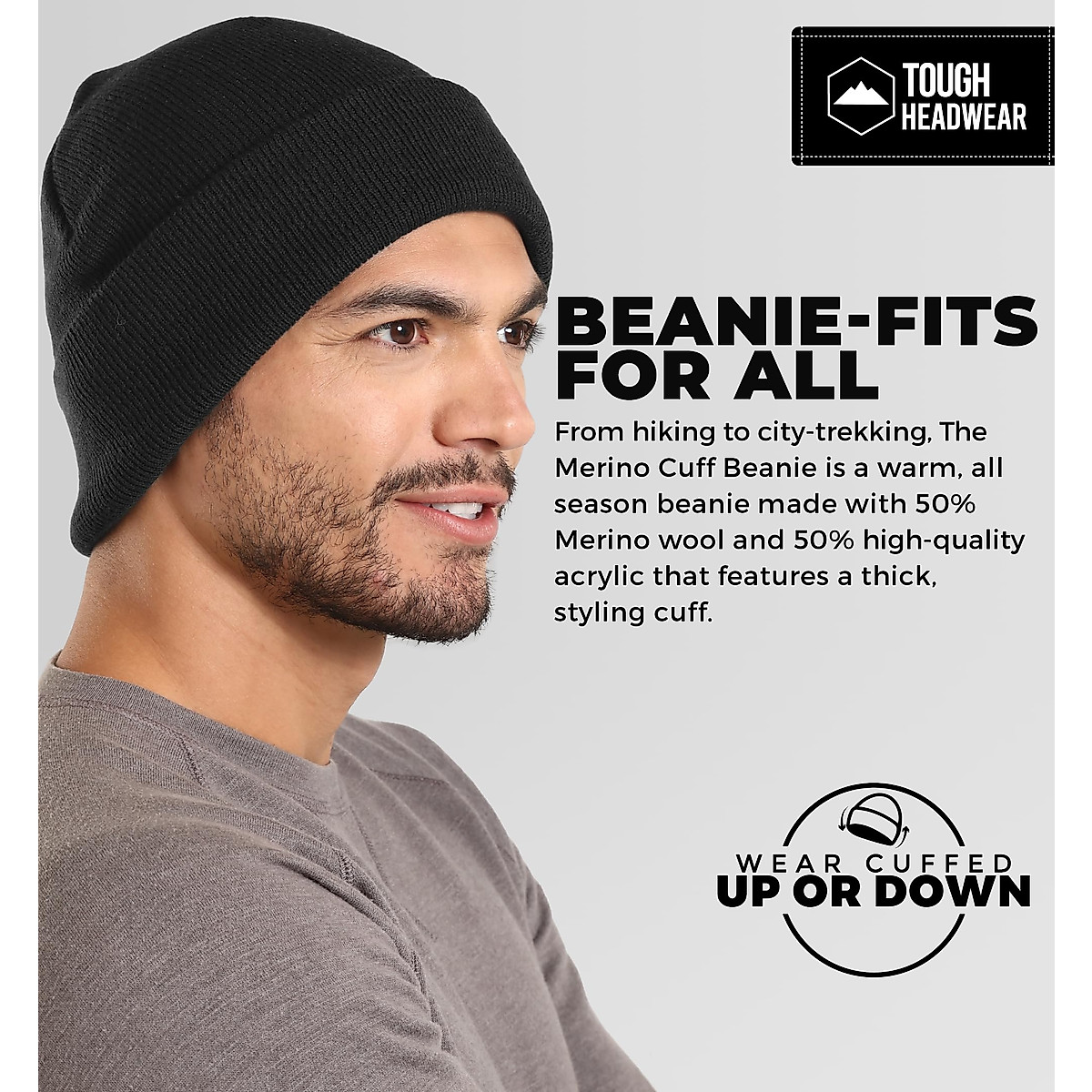 Tough Headwear Winter Beanie Knit Hat for Men & Women - Merino Wool Ribbed Cap - Warm & Soft Stylish Toboggan Skull Caps for Cold Weather - Basic - Black
