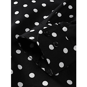 WDIRARA Men's Polka Dots Button Front Long Sleeve Collar Shirt Casual Tops Black L