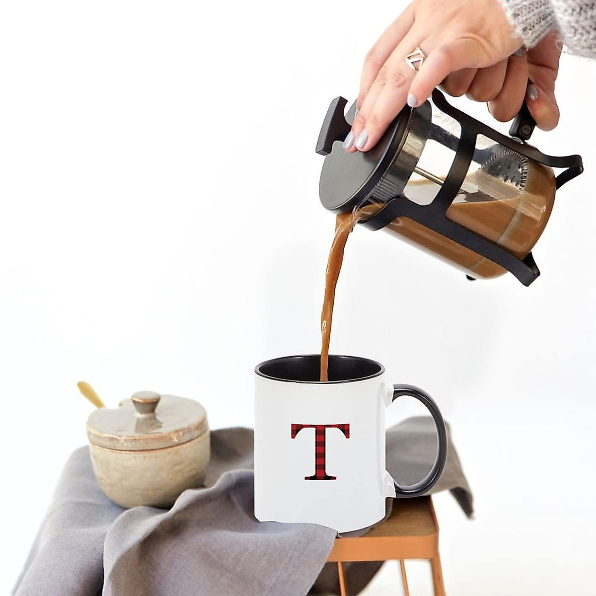 Christmas Red & Black Buffalo Plaid Check Monogram Letter T Coffee Mug - Aesthetic Feminine 26 Letters Mug - English Alphabet Letter Two_Tone Black2 Mug - Christmas Gifts Novelty Cup 11 Oz