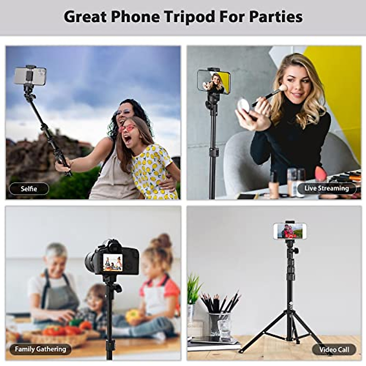 Hpusn Phone Tripod Stand: 48 inches Extendable Cell Phone Tripod, Selfie Stick for iPhone & Android Phone, Heavy Duty Aluminum & Lightweight