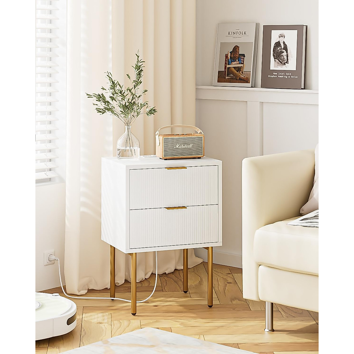 Aienvey Nightstand with Charging Station,Small Side Table with 2 Drawers, Bedside Furniture, White Night Stand, End Table with Gold Frame for Bedroom, Living Room, Stripe