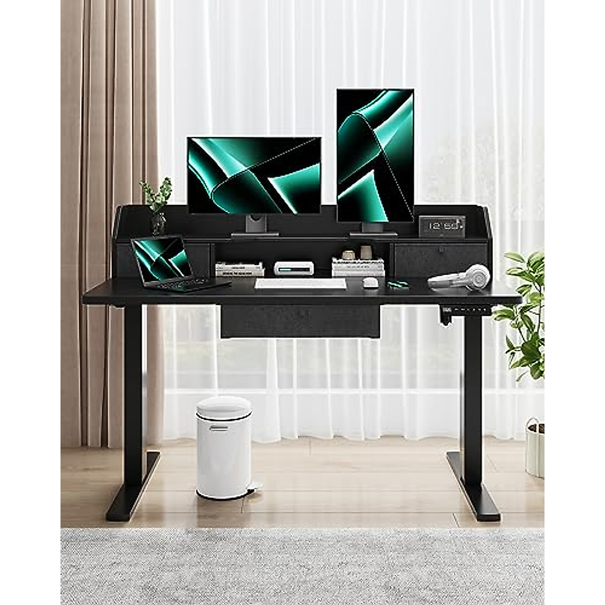 Shahoo Electric Double Layers Standing Desk with 3 Drawers, 48 x 24 Inches Height Adjustable Conner Table, Computer Workstation with Large Storage Shelves for Home Office, 48 Inch, Black