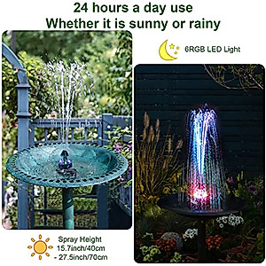 24-Hours Working Bird Bath Fountains Electric, Jutai Adjustable Quiet Water Fountain Pump with LED Lights for Garden,Small Fish Tank,Water Features - 7 Nozzles,16.4Ft Power Cord and Adapter Included