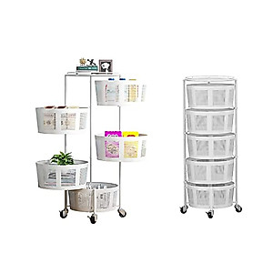5 Tier Round Rotating Storage Rack for Kitchen, Multi Layer Kitchen Storage Shelf with Wheels for Vegetable Fruits White Metal Household Organization Shelf Corner Shelves for Living Room