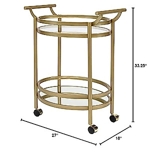 Studio Designs Home Palazzo Modern 2-Tier Oval Metal Rolling Bar, Serving, Utility Mobile Cart with Handles and Spill Guard in Gold/Clear Glass and Mirror, 27" W x 17.5" D x 33.25" H,