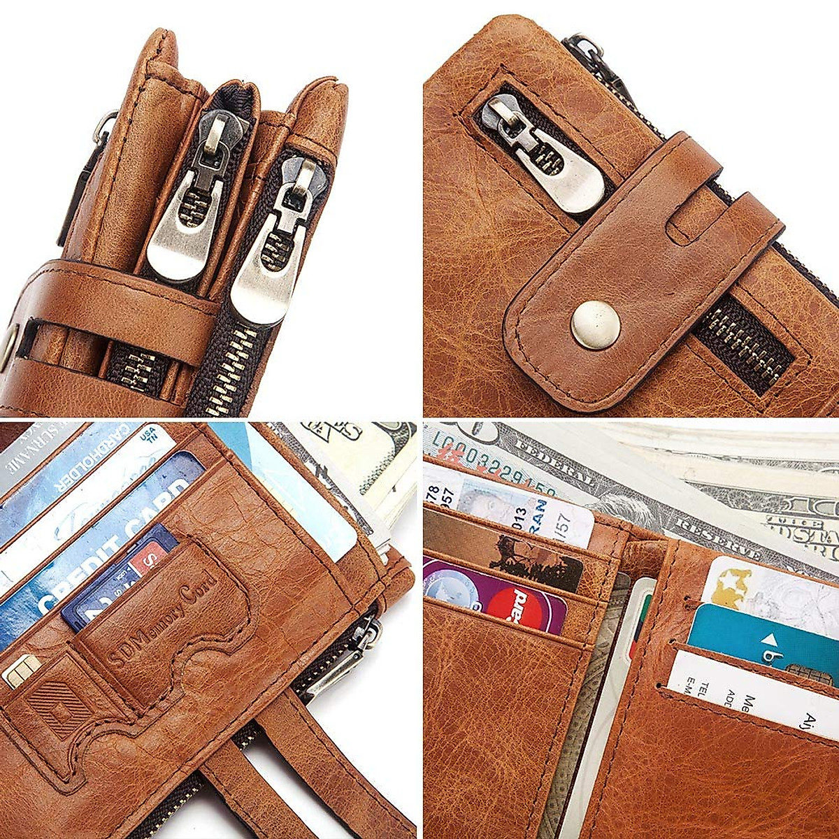 boshiho Real Leather RFID Blocking Bifold Wallets for Men Double Zipper Coin Pocket Purse with Anti-Theft Chain (Khaki)