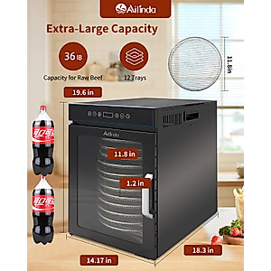 Food dehydrator, 12-layer stainless steel rotating dehydrator, suitable for food, jerky, dog food, herbs, vegetables, fruits, temperature function, 24-hour timer, overheating protection