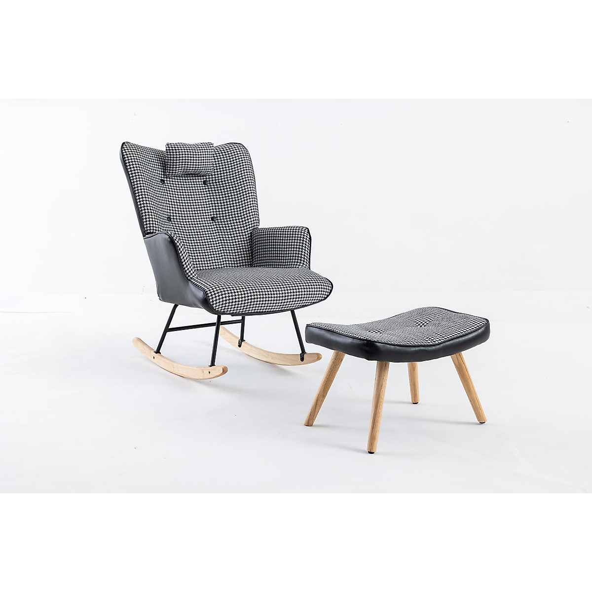 Tiophome Rocking Chair Nursery, Upholstered Glider Rocker Accent Chairs Padded Seat with High Backrest, Comfy Side Armchair for Nursing, Living Room, Bedroom, Office, Linen/Leather, Houndstooth Black