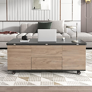 Merax Lift Top Coffee Table,with Fixable Wheels Open Storage Extendable Desktop Drawers