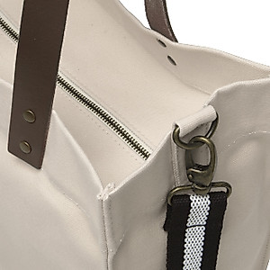 Tag&Crew Brooklyn Tote Canvas Bag with Leather Handles, Zippered Flap, 3 Pockets, Adjustable Shoulder Strap, Antique Brass Clips - Natural