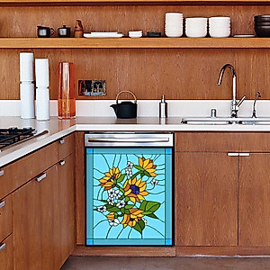 Dishwasher Magnet Cover Flowers and Sunflowers with Buds in Stained Glass Window Magnetic Refrigerator Stickers Decorative Appliance Cover Fridge Panels Metal Door Garage 23x26in