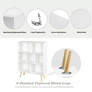 7 Cube White Bookshelf, 3 Tier Book Shelf with Legs Minimalist Bookcase Free Standing Display Cabinet Rack for Living Room, Office, Bedroom, Study Room (Contains Anti-Tipping Parts)