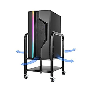 Computer Tower Stand, 360Tronics Adjustable Desktop ATX-Case CPU Holder, 2-Tier PC Rolling Stand Mobile Steel Desktop Case Stand Cart with 4 Locking Wheels for Office Home, Black