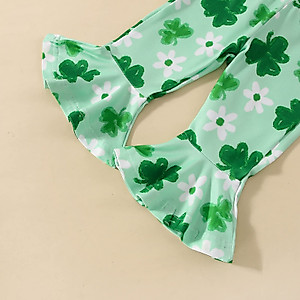 My First St. Patrick's Day Baby Girl Outfit Green Long Sleeve Romper Four Leaf Clover Flared Pants Headband Set (Green, 0-3 Months)