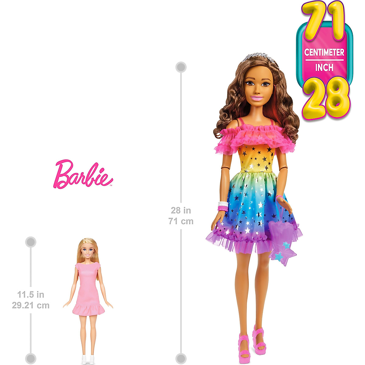 Barbie Large Doll with Brown Hair, 28 Inches Tall with Rainbow Dress & Styling Accessories Like Shooting Star Handbag
