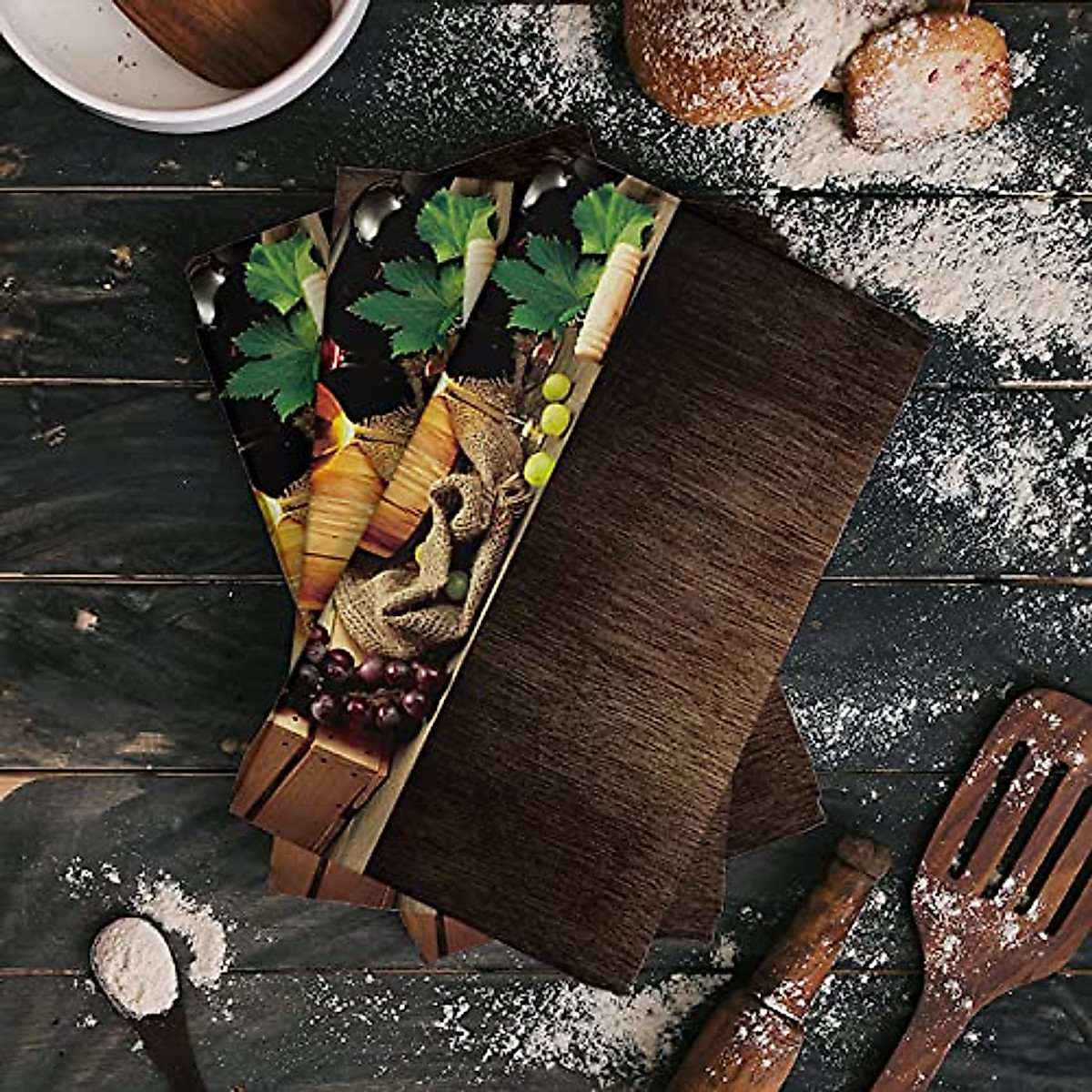 BEKYONEE Kitchen Towels 4 Pack 18×28in-Super Absorbent Dish Cloth Wine Grape Glass and Barrel Soft Dish Towel for Home Drying Dishes Vintage Wooden Board Tea Bar Hand Towels Cleaning Cloths