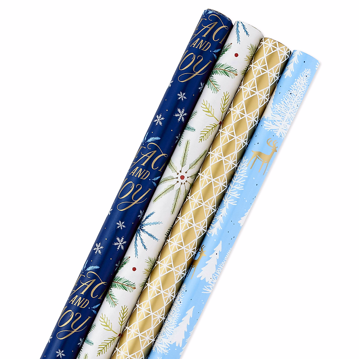 Hallmark Holiday Wrapping Paper Bundle with Cut Lines on Reverse, Quirky Christmas (Pack of 4, 120 sq. ft. ttl) Yeti, Santa, Penguin, Snowflakes, Blue, Gold