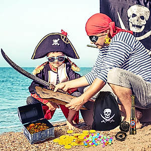 116 Pieces Pirate Treasure Toys, Pirate Treasure Box with Coins Jewels Gems and Pirate Map Compass Telescope for Boy Girl Halloween Cosplay Props Pirate Theme Party Decoration Favor (Cute Style)