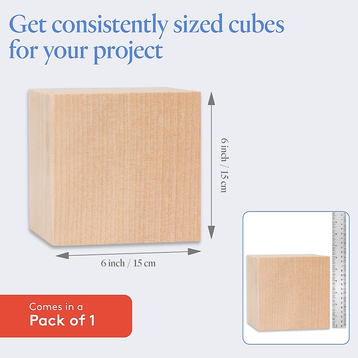 DIY Wood Cubes 6-inch, Pack of 1 Large Blank Wooden Blocks for Crafts, STEM, Building, Monitor Riser, Photo Cube Craft, and Home Decor, by Woodpeckers
