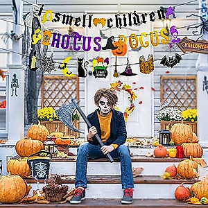 Pre-strung Hocus Pocus I Smell Children Halloween Banner, 3 Packs Glitter Halloween Decorations, 3D Witch Bats Home Decor, Halloween Wall Hanging Décor, Party Decoration Supplies Kit
