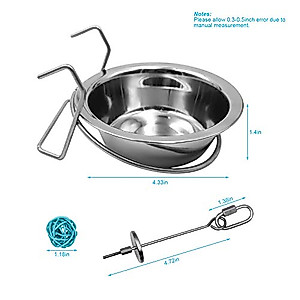 2 Pack Bird Feeder Birds Bowls Stainless Steel Dishes Coop Cups with Wire Hook, Parrot Feeding Dish Cups Food Water Bowls with Bird Food Holder and Rattan Ball for Finches Lovebirds (Set 1)