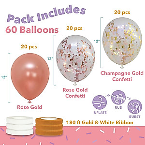 60 PACK Dandy Decor Rose Gold Balloons + Confetti Balloons w/ Ribbon | Rosegold Balloons for Parties | Bridal & Baby Shower Balloon Decorations | Latex Party Balloons | Graduation, Engagement, Wedding