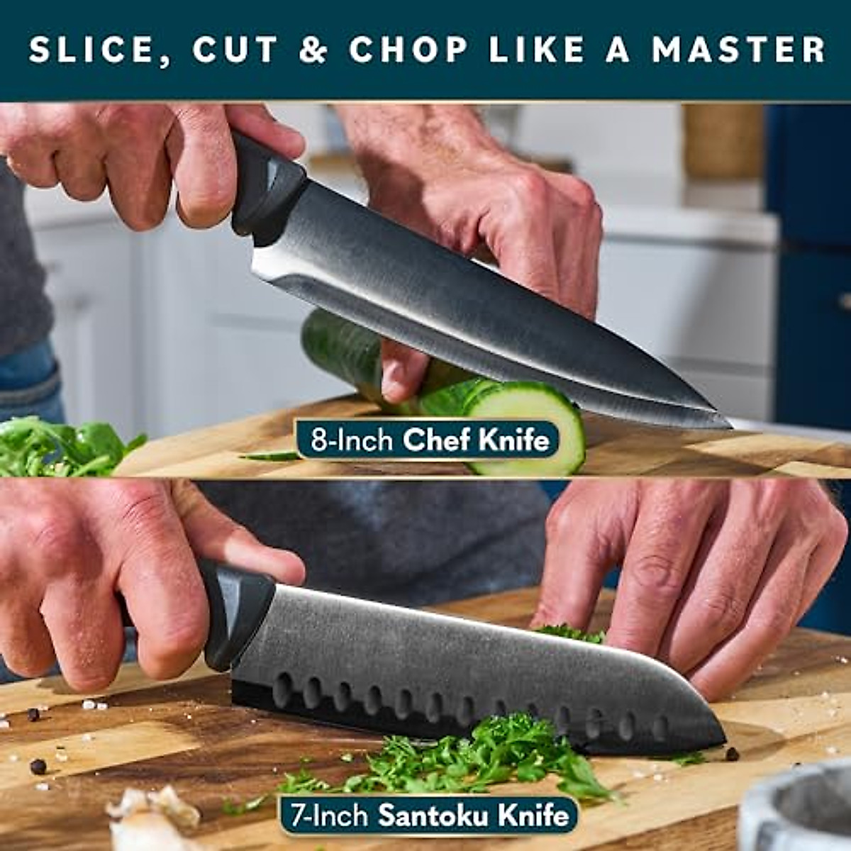 Home Hero Kitchen Knife Set with Sharpener - High Carbon Stainless Steel Knife Block Set with Ergonomic Handles (16 Pcs - Dark Wood)