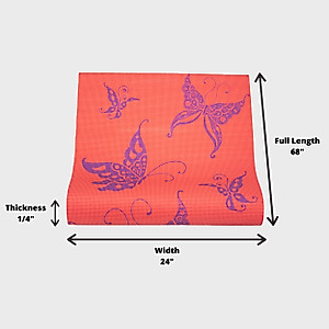 Wai Lana Yoga and Pilates Mat Butterfly (Coral) - 1/4 Inch Extra Thick Non-Slip Stylish, Latex-Free, Lightweight, Optimum Comfort