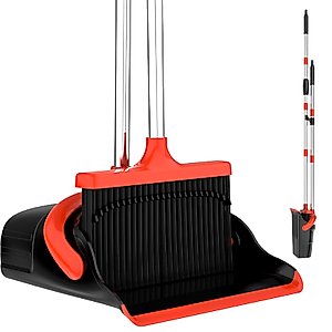 AISHUJIE Broom with Dustpan Combo Set - 52'' Long Handle Broom and Dustpan Set with Self-Cleaning Teeth & Standing Dust Pan and Broom for Home Office Kitchen Lobby Floor Use
