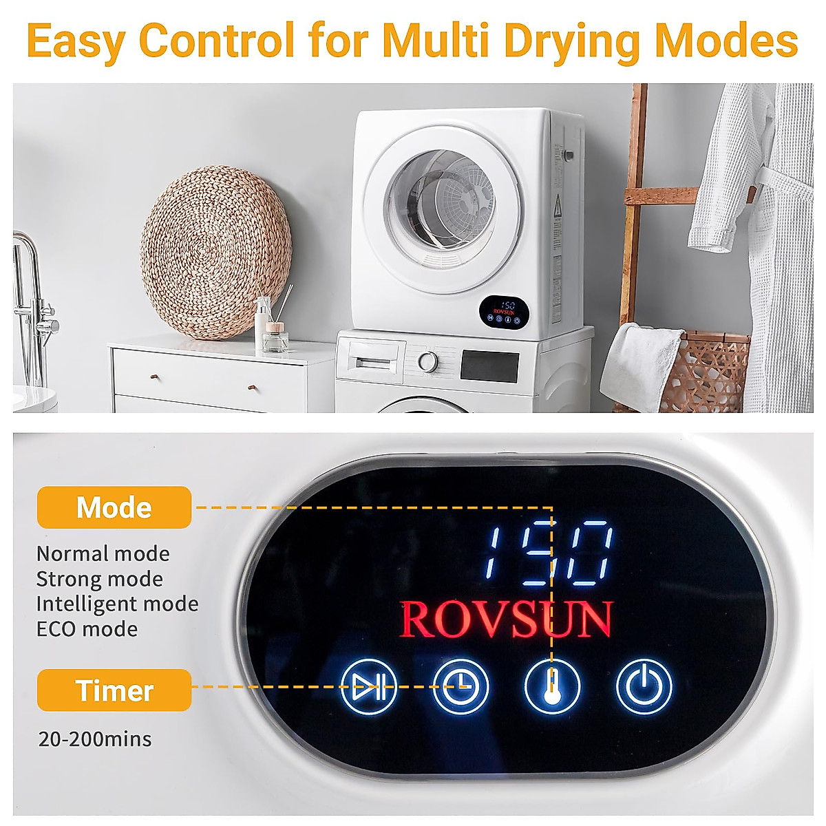 ROVSUN 110V Portable Clothes Dryer, 850W Fast Drying Front Load Laundry Tumble Dryer Machine with Stainless Steel Tub & High End LCD Touch Panel for Home Apartment Dorm