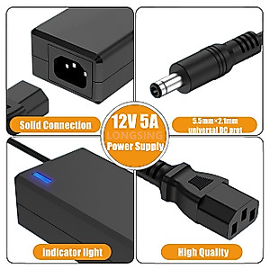 LONGSING 12V 5A Power Supply Adapter, AC 100-240V to DC 12V, Input 100V-240V, Output 12V 5A 60W, with DC Female Connector, 5.5x2.5mm DC Output Jack for 5050 3528 LED Strip Module Light