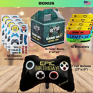 Kidohub Video Game Birthday Party Supplies: Video Game Decorations, Party Tableware, Table Cover, Birthday Banner, Balloons, Bracelets, Tattoo Stickers, Gift Boxes, 185 Pcs Serves 16 Guests