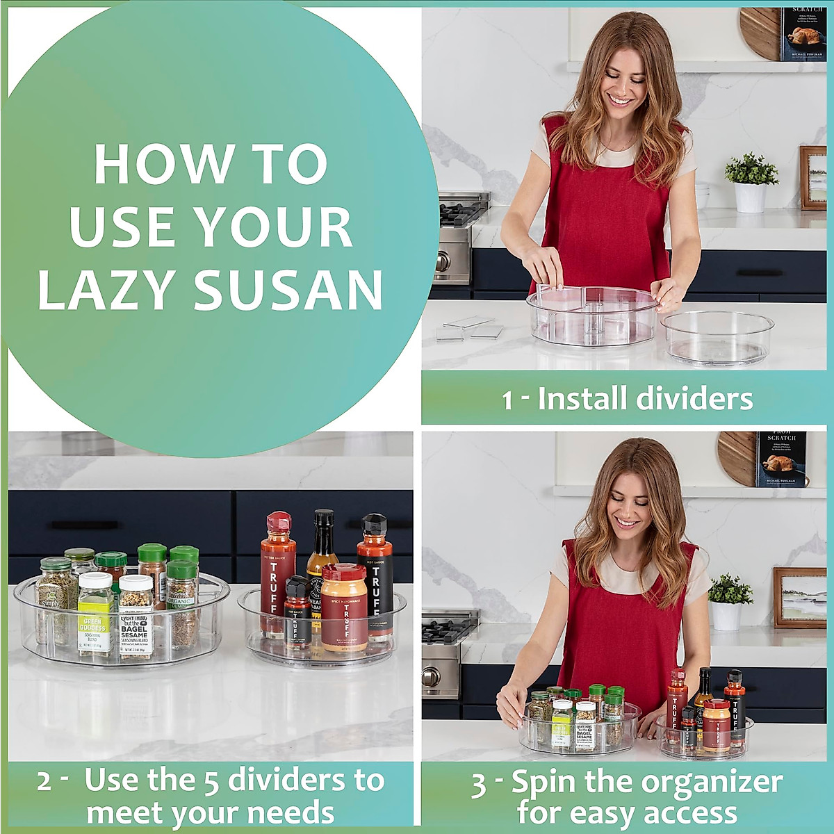 Clear Lazy Susan Organizer 12" & 9" Set - Lazy Susan for Refrigerator, Turntable for Cabinet with Removable Dividers, 12 Inch Pantry Lazy Susan, Plastic Turntable Organizer Solution - by Soveressence