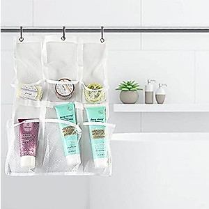 Home-X 6-Pocket Mesh Hanging Shower Caddy, Hang from Curtain Rods or Over the Door, Simple Bathroom Organizer for Soap, Shampoo, and More, 22" L x 15 ½” W, White