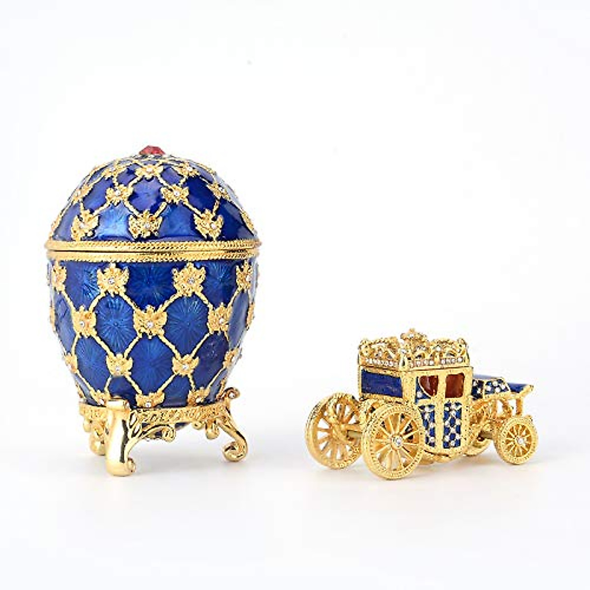 QIFU Vintage Blue Faberge Egg Style Jewelry Trinket Box with Mini Royal Carriage, Unique Gift for Easter Collection