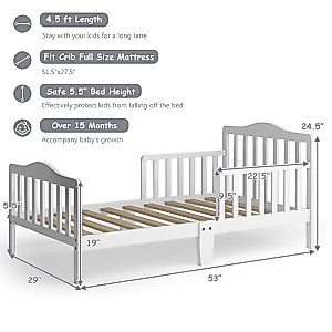 Costzon Toddler Bed, Classic Wood Kids Bed Frame w/Double Safety Guardrail, Low to Floor Design, Wooden Slat Support, Fits Full Size Crib Mattress, Bedroom Furniture for Boys & Girls (White)