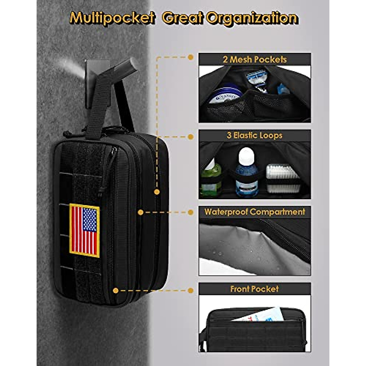 TACTICISM Toiletry Bag for Men - Dry Wet Separate Travel Toiletry Bag, Tactical Molle Dopp Kit for Men with Large Capacity, Water-Resistant Shaving Bag for Adult Women for Travel, Black