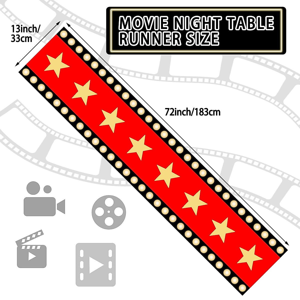 2 Pcs 13 x 72 Inch Movie Night Table Runner Red Movie Theme with Gold Star Design Movie Night Red Carpet Decoration for Movie Night Birthday Party Supplies（red）