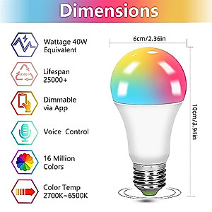 kuwikfule LED Smart Light Bulbs 2 Pack A19 Smart Light Bulbs,RGB Color Changing Light Bulb,Bluetooth&WiFi Light Bulb,Rainbow LED Bulbs,Google Home & Alexa Light Bulb with Speaker