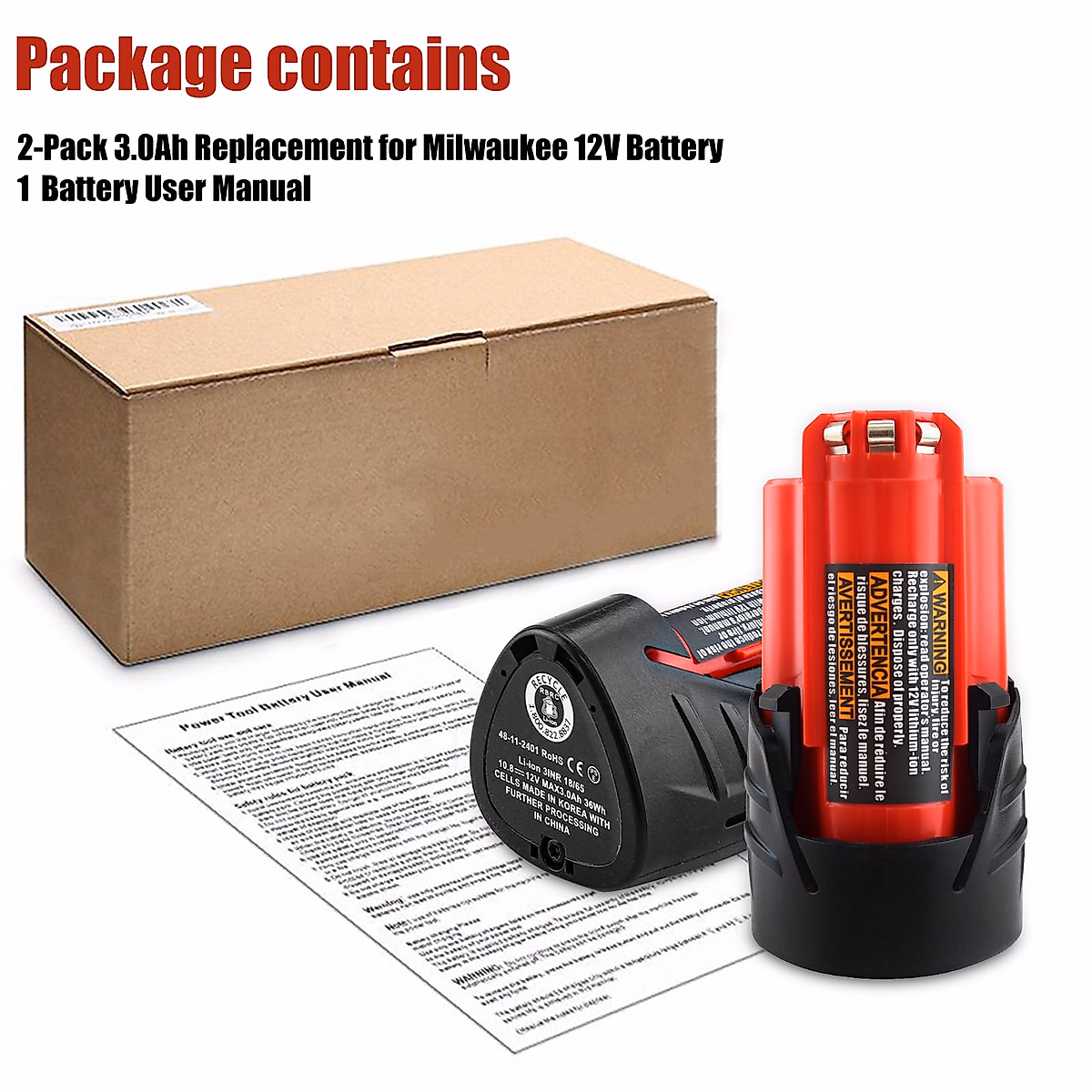 Fhybat 2 Packs 3.0Ah 12 Volt 48-11-2420 Battery Replacment for Milwaukee 12V Battery Lithium 48-11-2401 48-11-2402 48-11-2420 48-11-2440 48-11-2460(Red)