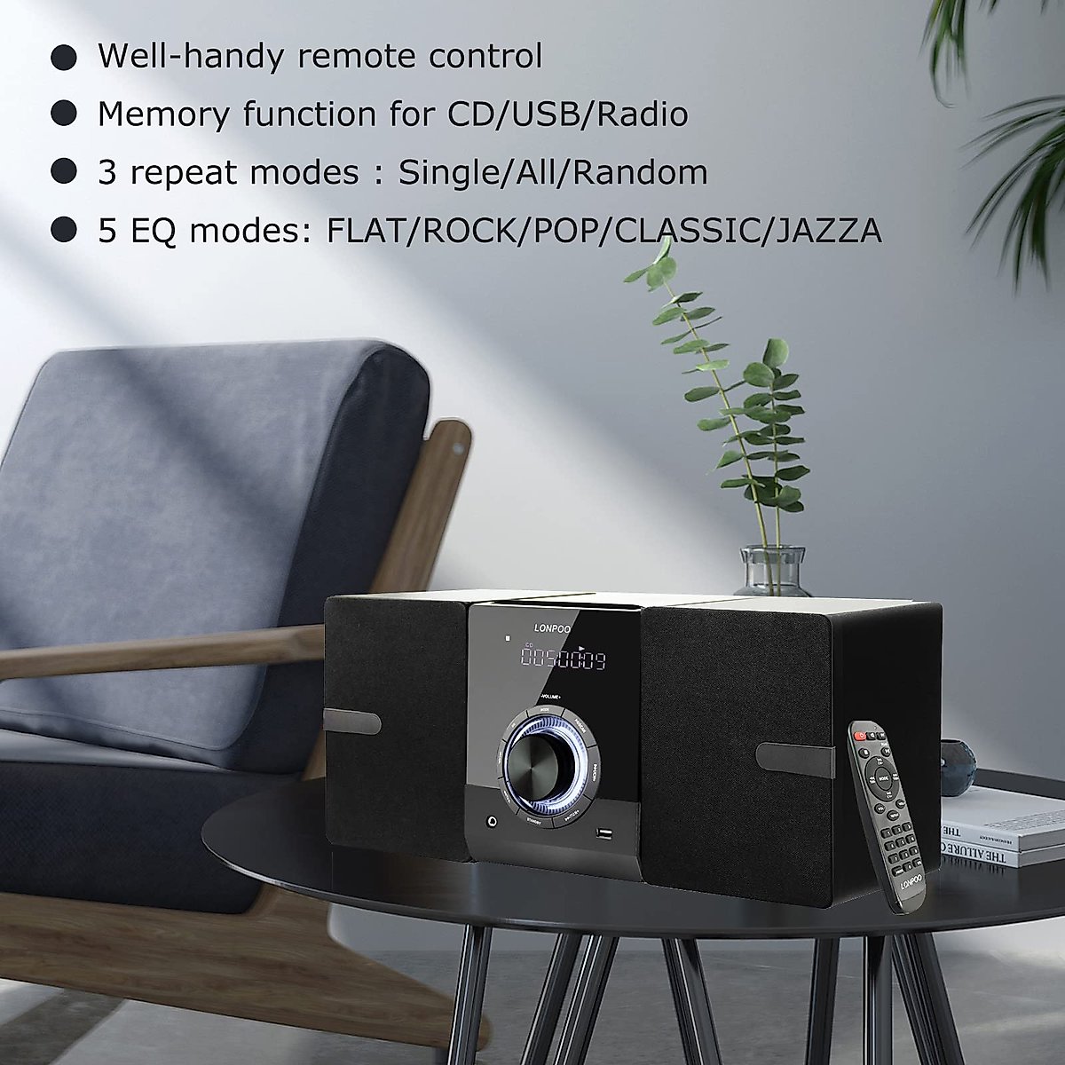Home CD Stereo Shelf System - 30W Compact Micro Stereo System with CD Player, Bluetooth, FM Radio, Aux-in, USB Playback, 2-Way Music Crisp-Sound, DSP-Tech, Remote Control