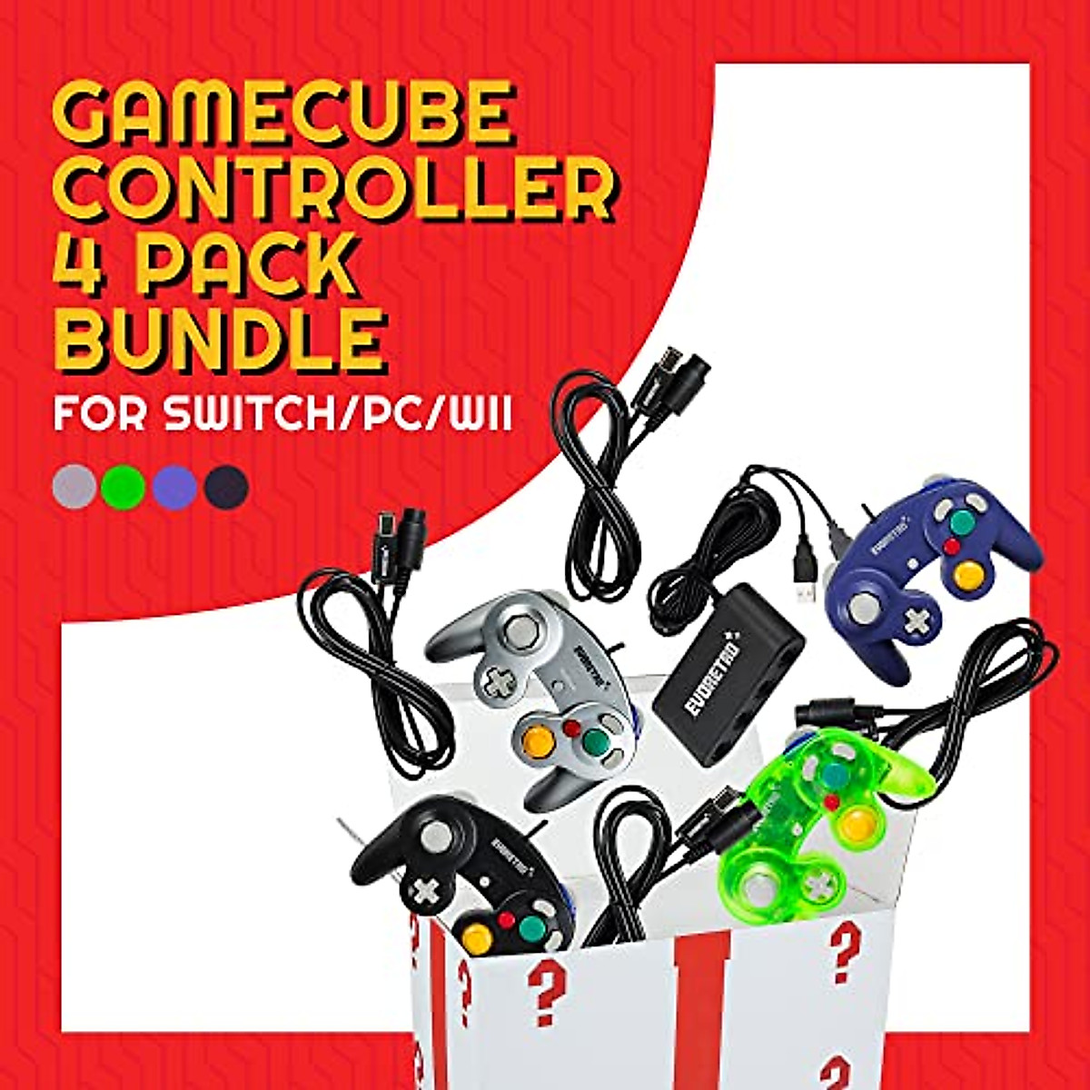 EVORETRO Gamecube Controller Compatible for Switch, wii Console and PC Games - 4 Pack Bundle with 4 Extension Cords and a 4-Port Adapter