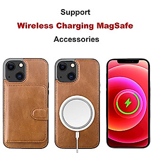 Bocasal Wallet Case for iPhone 13 Compatible with MagSafe Magnetic RFID Blocking Detachable Premium PU Leather Flip Case with Card Slots Holder Kickstand Wireless Charging 6.1 Inch (Brown)