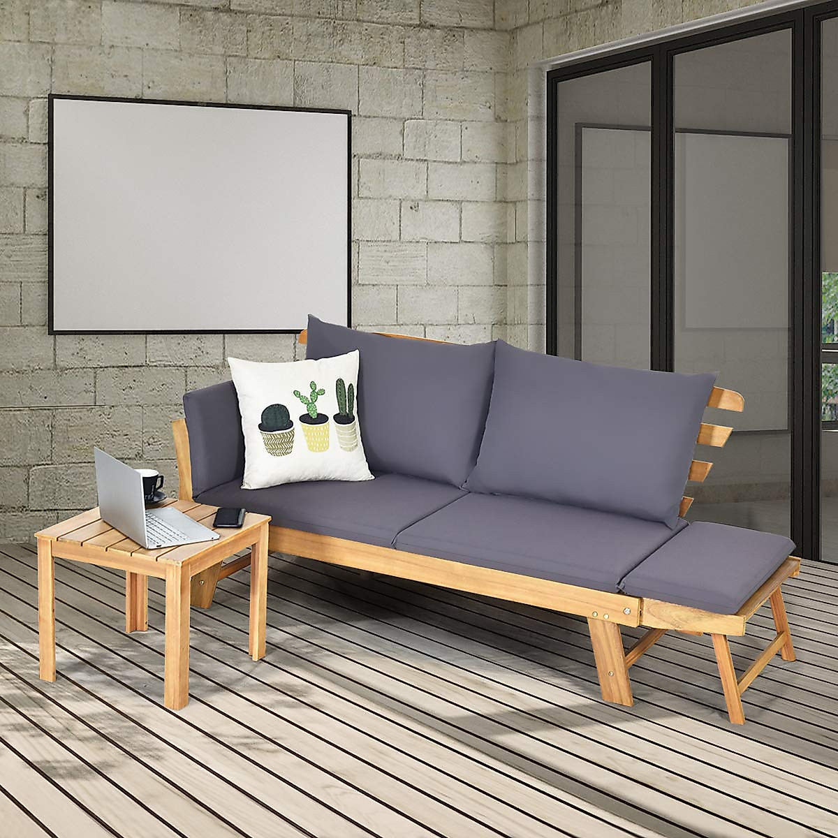 Tangkula Acacia Wood Patio Convertible Couch Sofa Bed with Adjustable Armrest, Outdoor Daybed with Cushion & Pillow, Folding Chaise Lounge Bench Ideal for Porch Courtyard Poolside (Dark Grey)