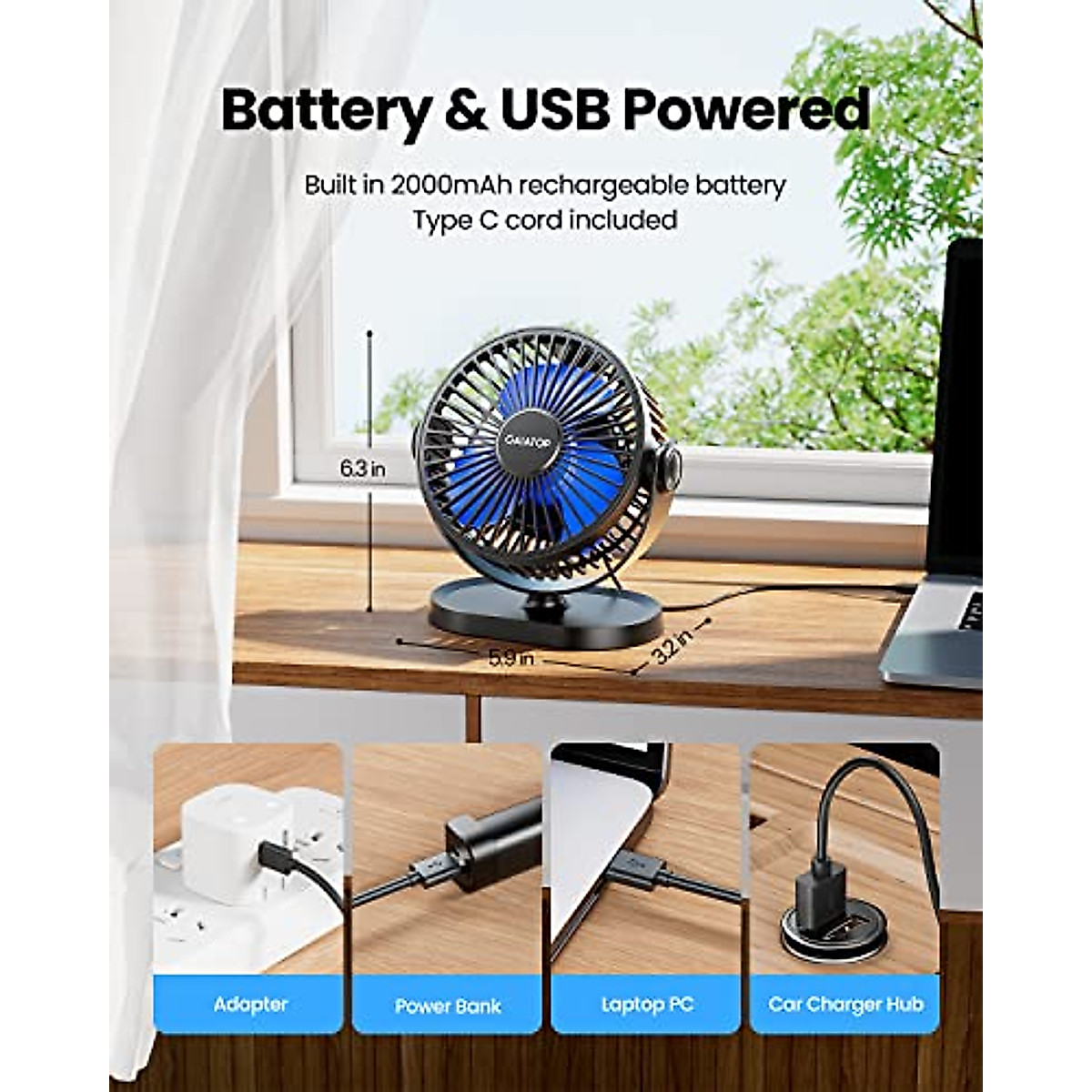 Gaiatop Small Desk Fan Baterry Operated, 360°Rotation Rechargeable Portable Fan 3 Speed Strong Airflow, 5.5 Inch USB Quiet Table Fan for Home, Office, Bedroom, Camping (Black)