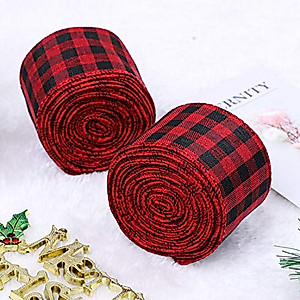 URATOT 2 Rolls Red and Black Plaid Burlap Ribbon Wired Ribbon Christmas Wrapping Ribbon for Christmas Crafts Decoration, Floral Bows Craft, 472 by 2.48 Inch