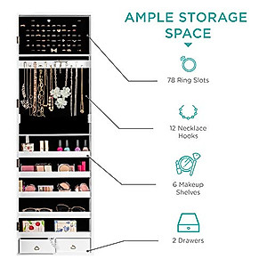 Best Choice Products Standing Mirror Armoire, Lockable Jewelry Storage Organizer Cabinet w/Velvet Interior, 3 Angle Adjustments - White
