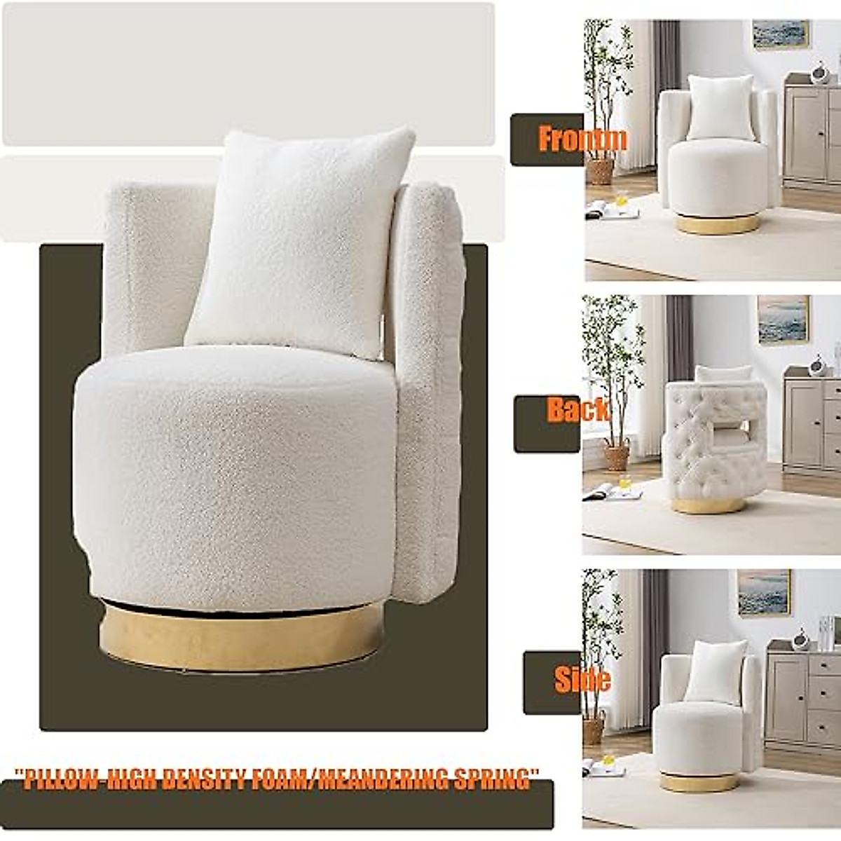 Velvet Vanity Barrel Chair, Modern Curved Tufted Back Office Chair with Gold Metal Base, Upholstered Makeup Stool with Throw Pillow for Living Room, Bedroom, Hotel Accent Leisure Chair (White)